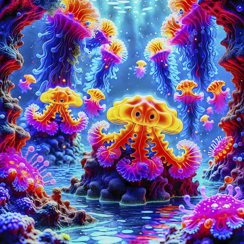 Group of Jellyfish at the Bottom of the Sea. Stock Illustration ...