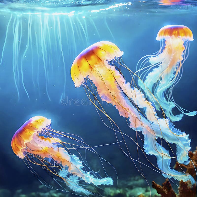 Group of Jellyfish at the Bottom of the Sea. Stock Illustration ...