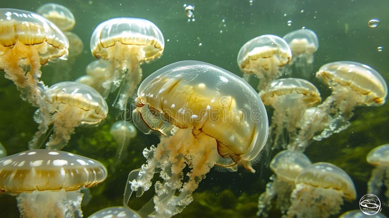 A Group of Jellyfish with Bubbles in the Sea Stock Illustration ...