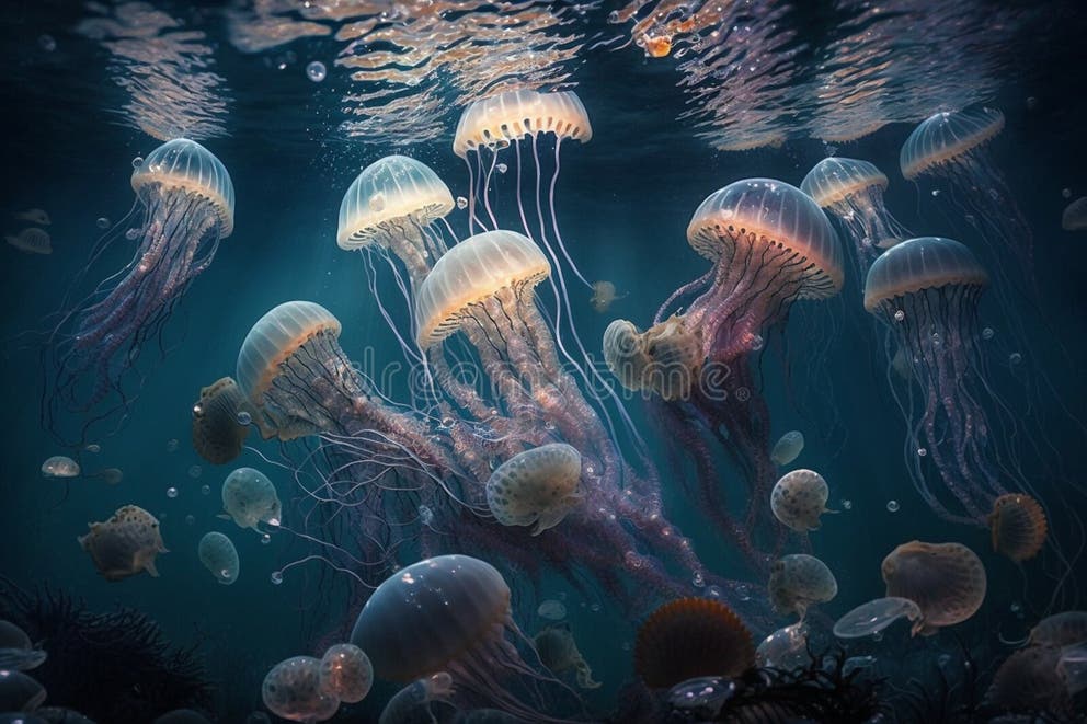 A Group of Jellyfish in the Ocean Stock Illustration - Illustration of ...