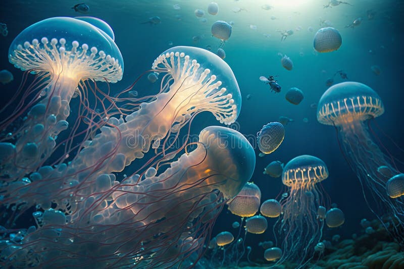 A Group of Jellyfish in the Ocean Stock Illustration - Illustration of ...
