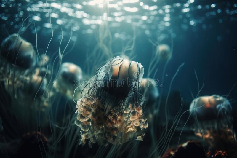 A Group of Jellyfish Swimming in the Ocean with Sunlight Shining ...