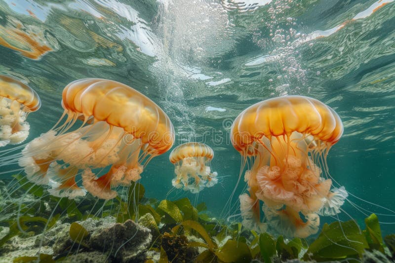 Group of Jellyfish Underwater in the Sea or Ocean Stock Image - Image ...