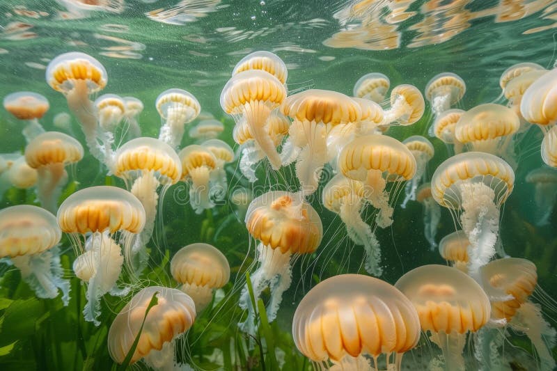 Group of Jellyfish Underwater in the Sea or Ocean Stock Image - Image ...