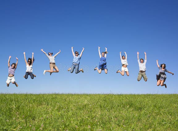 Group jumping stock image. Image of friendship, blue - 11009245