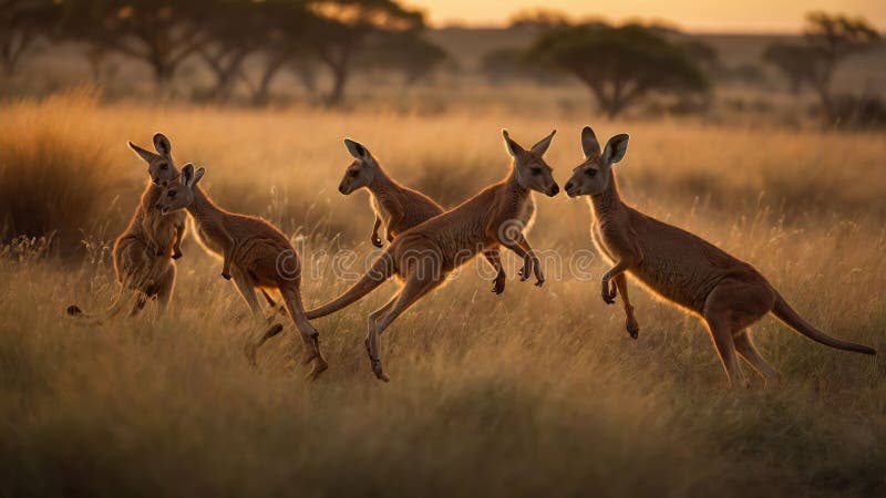 Golden Hour Kangaroo Family Playtime in Australian Outback Stock ...