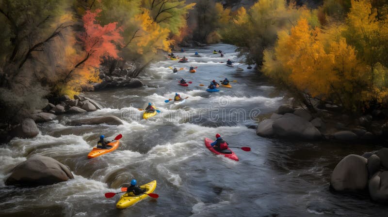 A Group of Kayakers Navigating a Rapid-filled River Color Created with ...