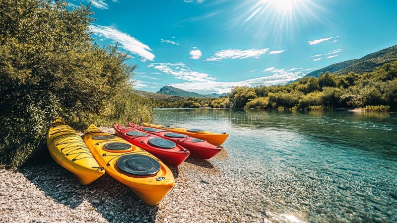 A Group of Kayaks Stacked Neatly on the Shore of a Clear River Under ...