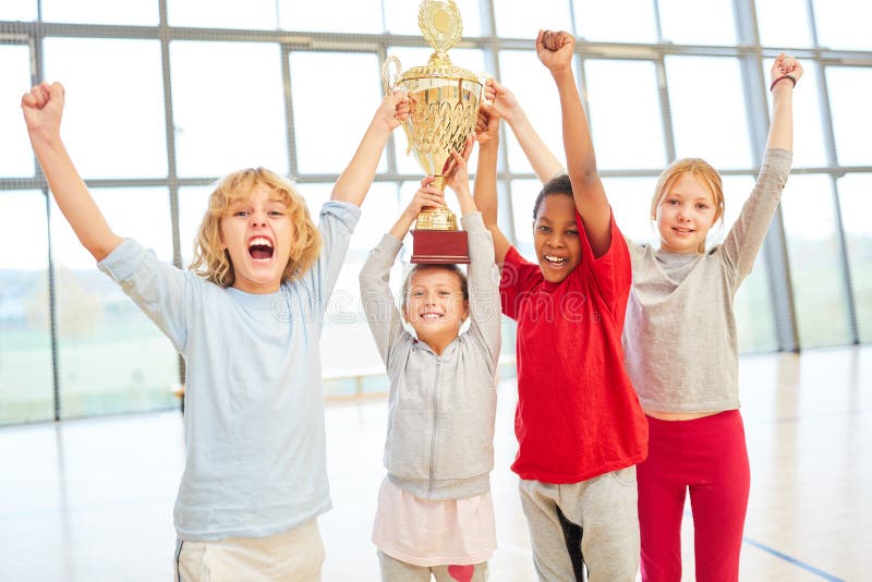Group of Kids Cheers after a Competition Stock Image - Image of hall ...
