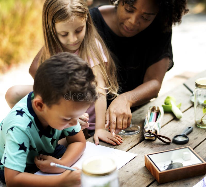 Group of Kids Classmates Learning Biology Drawing Class Stock Image ...
