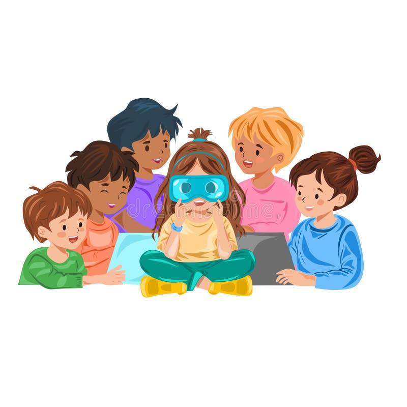 Group of Kids Exploring VR and Digital Devices Together in a Fun ...