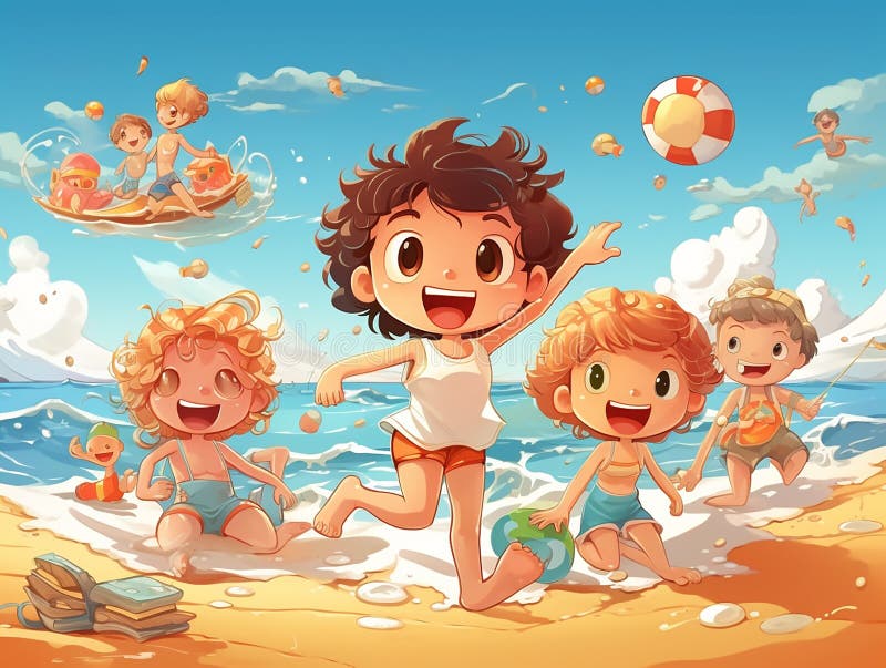 Group of Kids Having Fun on Beach Illustration Stock Illustration ...