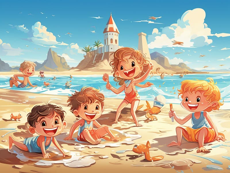 Group of Kids Having Fun on Beach Illustration Stock Illustration ...