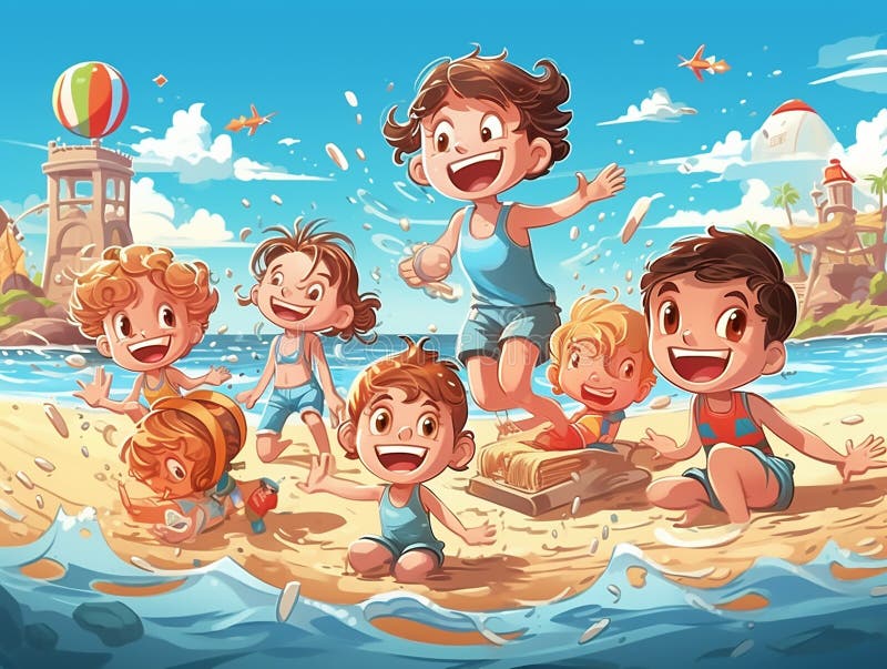 Group of Kids Having Fun on Beach Illustration Stock Illustration ...