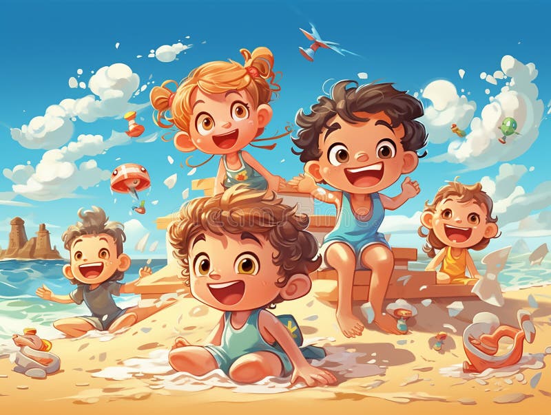 Group of Kids Having Fun on Beach Illustration Stock Illustration ...