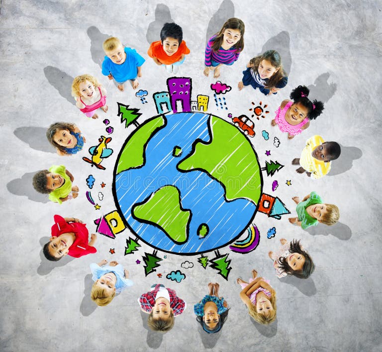 Group of Kids Looking Up with Globe Symbol Stock Photo - Image of ...