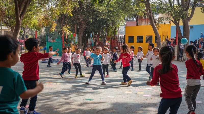 Group of Kids Playing a Game in the Schoolyard with Colorful Buildings ...