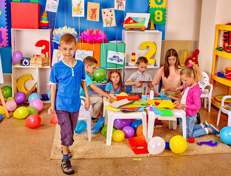 Group Kids in Preschool Interior Stock Image - Image of creative ...