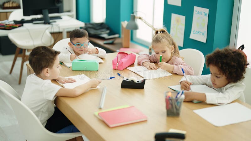 Group of Kids Students Sitting on Table Clapping Hands at Classroom ...