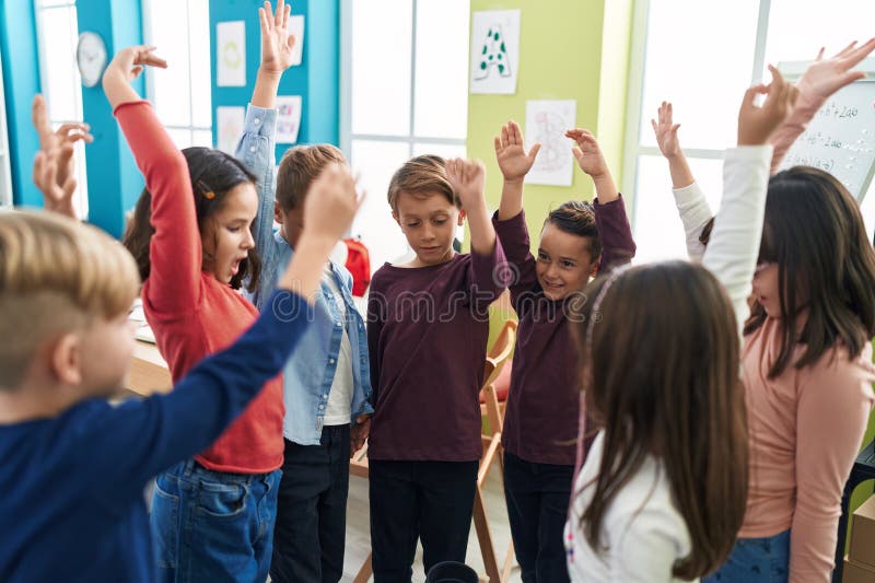 Group of Kids Students Smiling Confident with Hands Together Raised Up ...