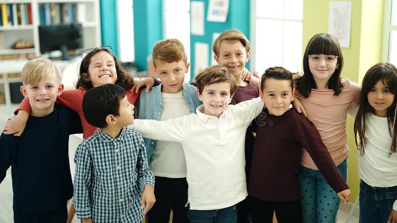 Group of Kids Students Smiling Confident Hugging Each Other at ...
