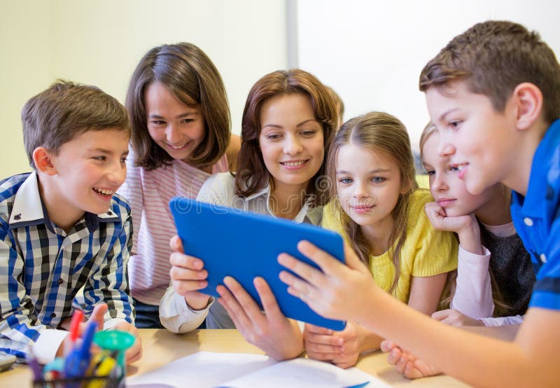 Group of Kids with Teacher and Tablet Pc at School Stock Image - Image ...