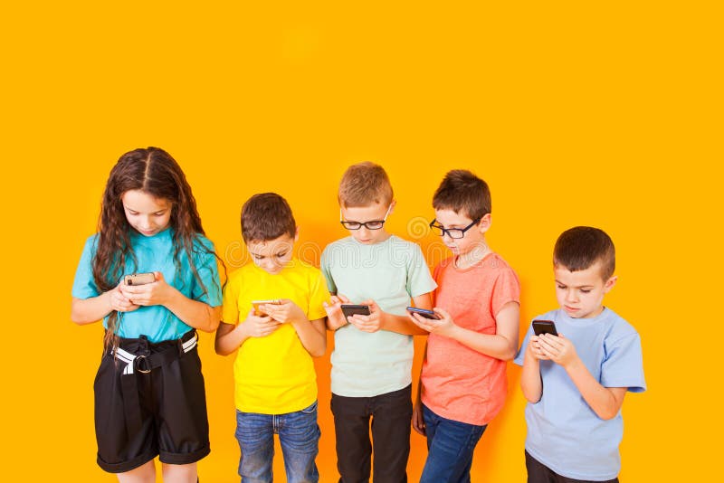 Group of Kids Using Digital Mobile Phone Stock Photo - Image of joyful ...