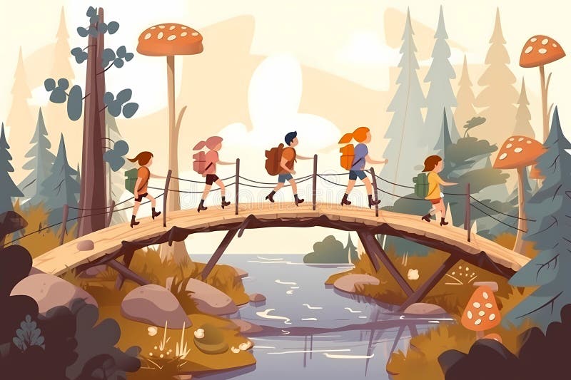 A Group of Kids Walking Across a Bridge with a Mushroom AI Generation ...