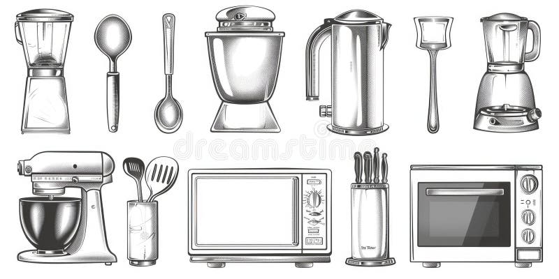 A Group of Kitchen Appliances and Utensils Arranged on a Table or ...