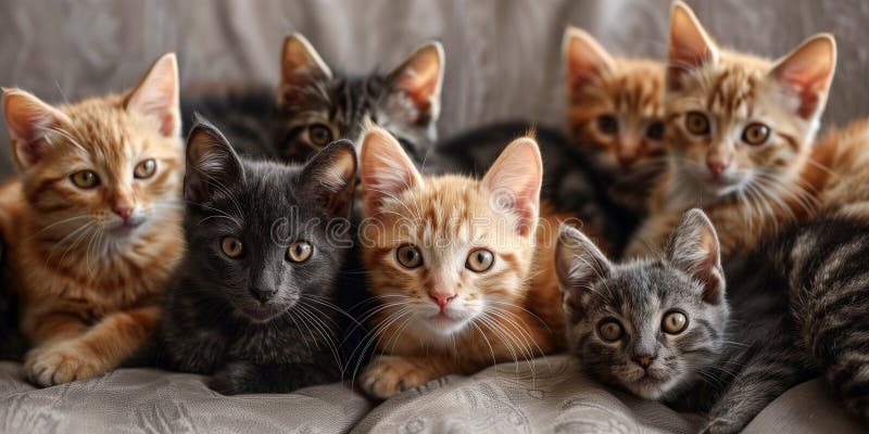 A Group of Kittens Cuddles Closely Together on a Grey Couch. Generative ...