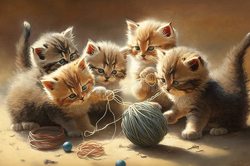 Group of Kittens, Each with a Ball of String, Playing Together in the ...