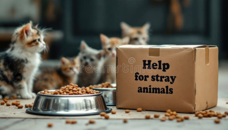 Group of Kittens Near a Cardboard Box with Help for Stray Animals Text ...
