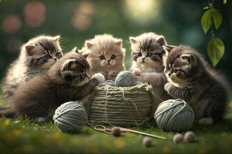 Group of Kittens Playing with Ball of Thread in the Garden Stock ...