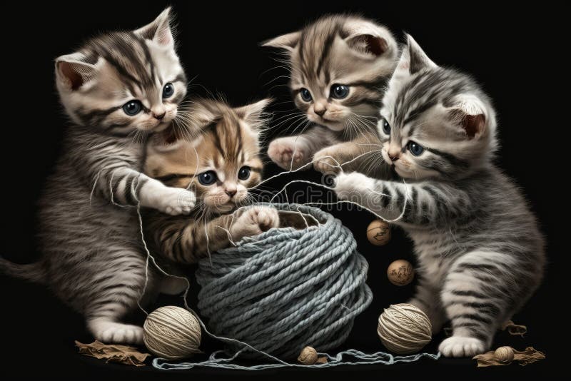 A Group of Kittens Playing Chase with a Ball of Thread, Rolling and ...