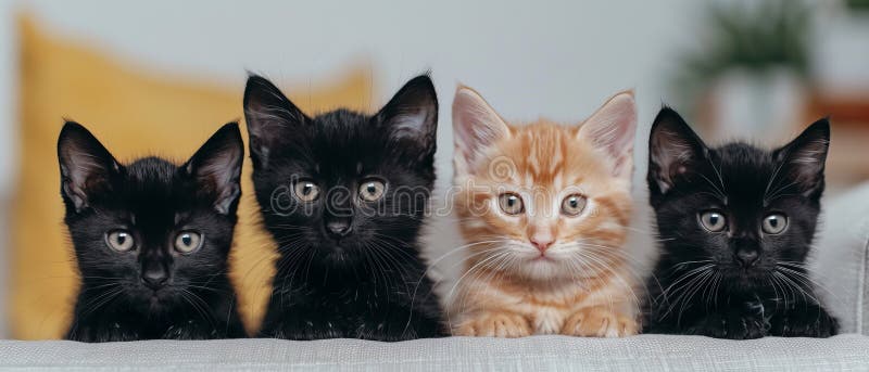 A Group of Kittens Seated Together on a White Couch Against a Wall ...