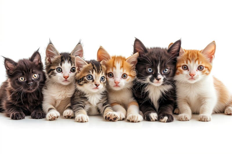 A Group of Kittens Sitting in a Row on a White Background Stock ...