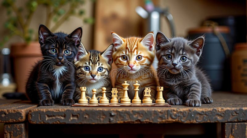 A Group of Kittens Sitting on Top of a Wooden Table Playing Chess Stock ...