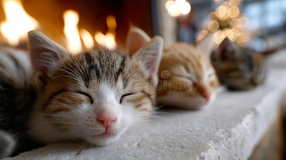 A Group of Kittens Sleeping on a Ledge Next To a Fire Place Stock Image ...