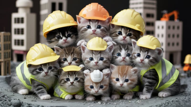 A Group of Kittens Wearing Construction Hats and Sitting Together, AI ...