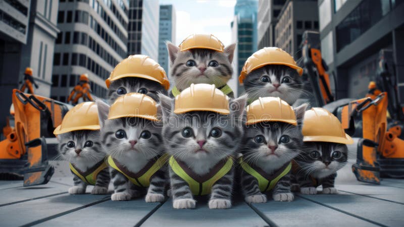 A Group of Kittens Wearing Hard Hats and Standing in a Row, AI Stock Photo - Image of design ...