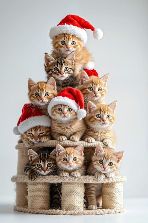 A Group of Kittens Wearing Santa Hats Sitting on Top of a Scratching ...