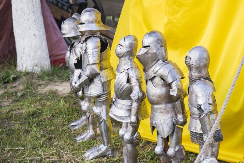 Group of Knightly Armor Stands in a Row on the Street Stock Photo ...