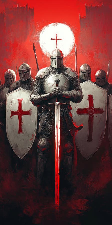 A Group of Knights Stand in Formation with Swords Drawn and Shields ...