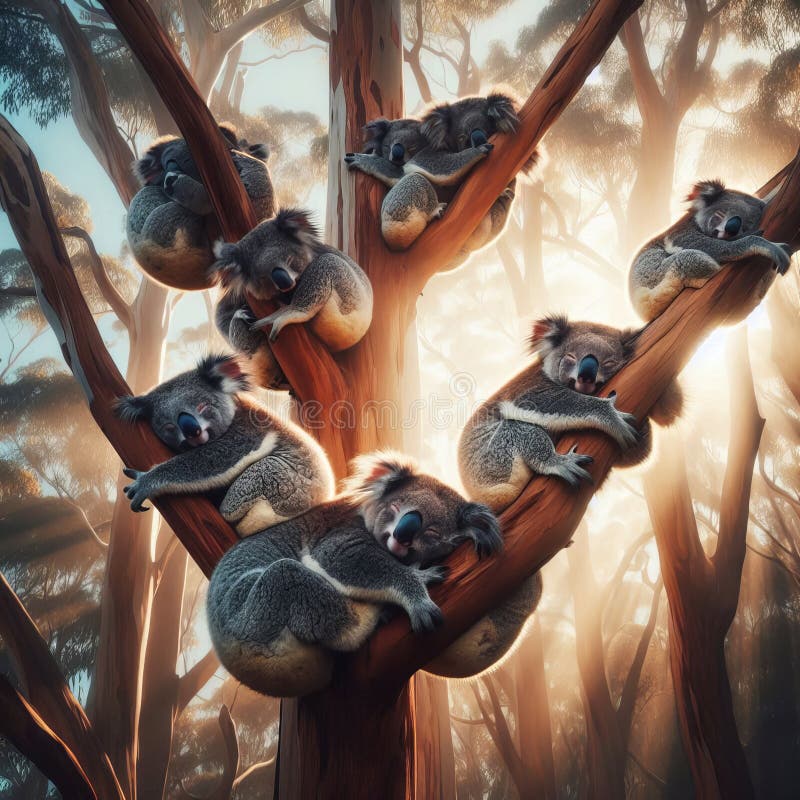 Group of Koalas Napping High Up in the Eucalyptus Trees Their Fl Stock ...