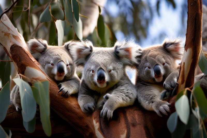 Group of Koalas Napping High Up in the Eucalyptus Trees Their Fl Stock ...