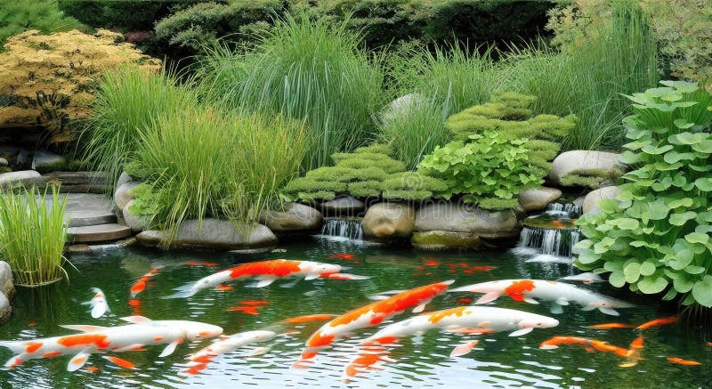 A Group of Koi Fish Swimming in a Pond Stock Image - Image of plant ...
