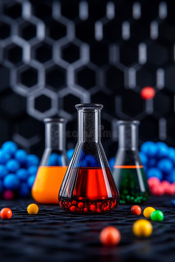 A Group of Laboratory Flasks Filled with Different Colored Liquids ...