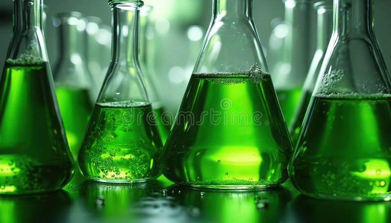 Group of Laboratory Flasks Filled with Vibrant Green Liquid. Scientific ...