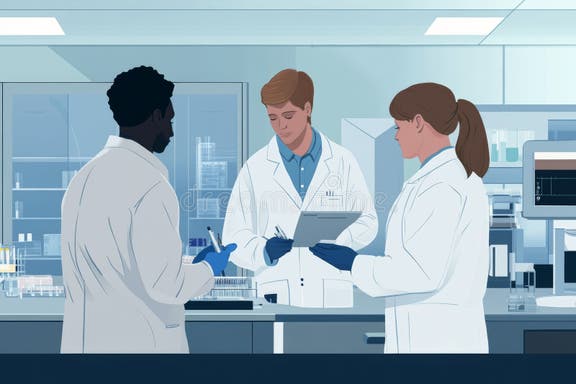 A Group of Laboratory Technicians Work Together, Discussing Findings and Conducting Experiments ...