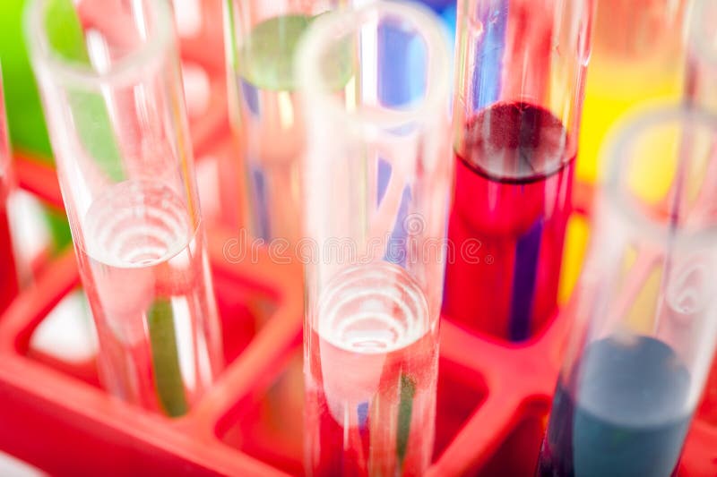 Group of Laboratory Test Tubes in Red Rack Stock Photo - Image of ...
